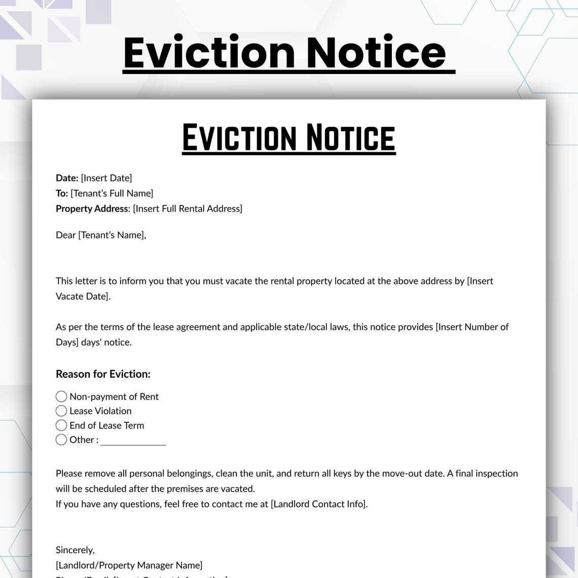 Editable Eviction Notice Template, Single Page Landlord Notice to Vacate Form, Printable Lease ...