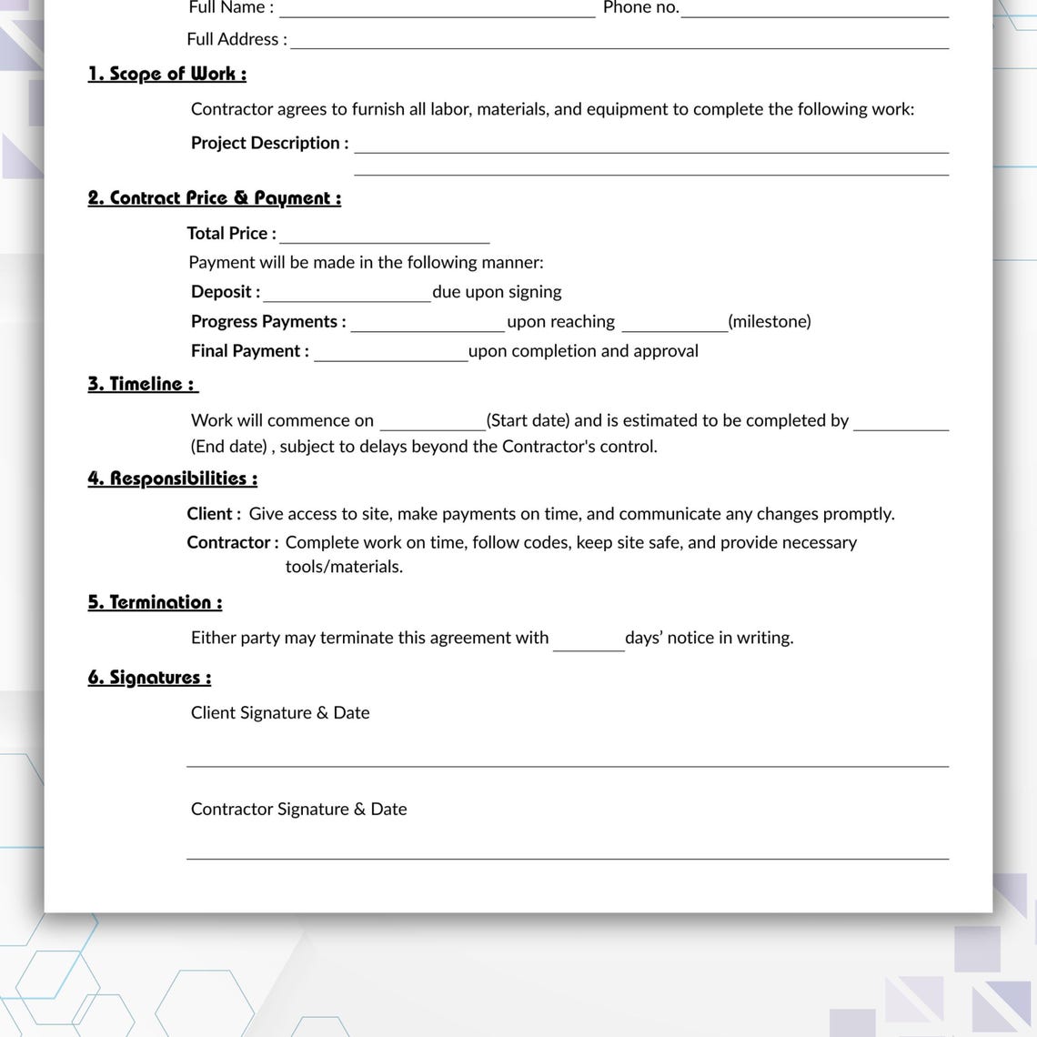Editable Construction Contract Agreement Template, Single Page ...