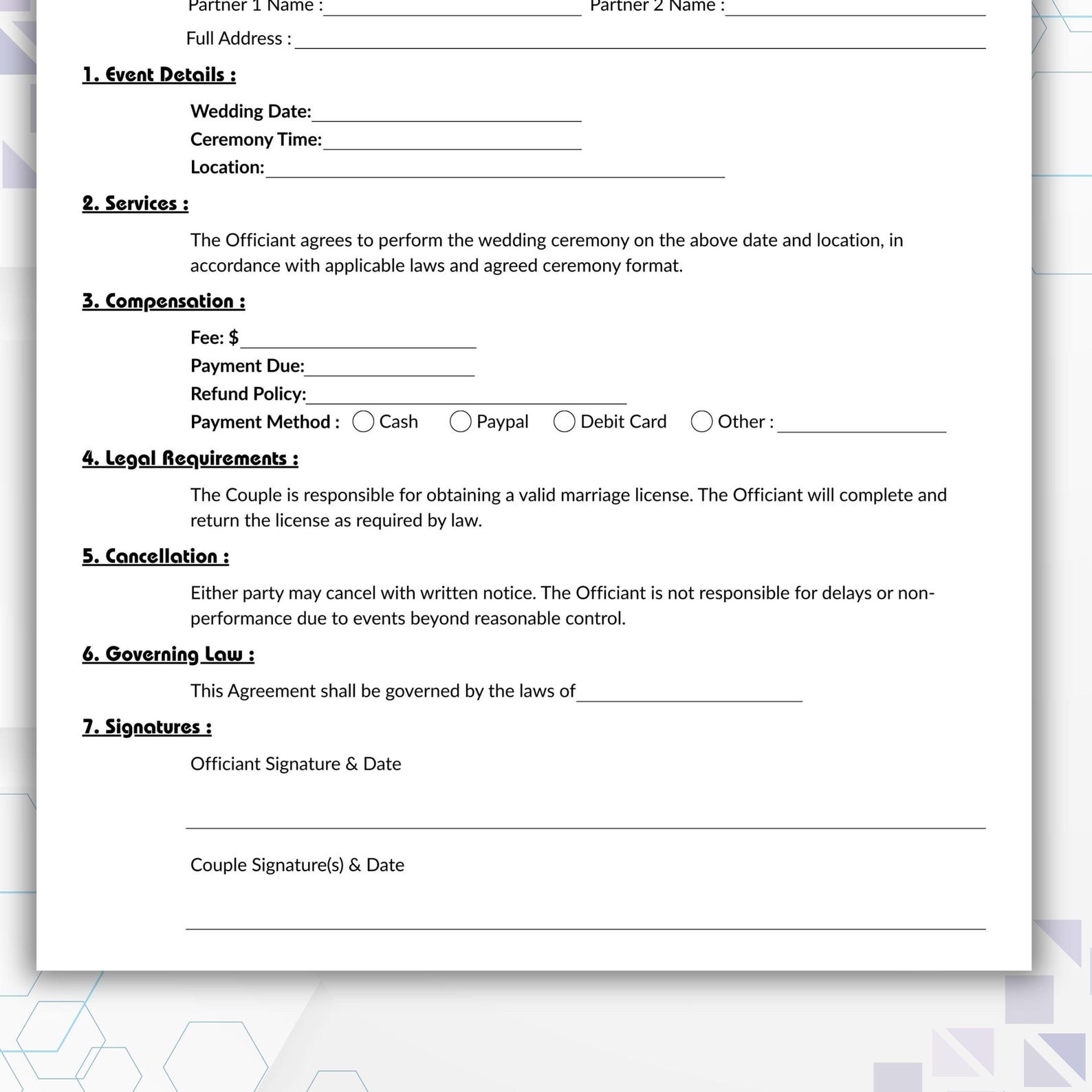 Editable Wedding Officiant Agreement, Simple Ceremony Contract Template ...