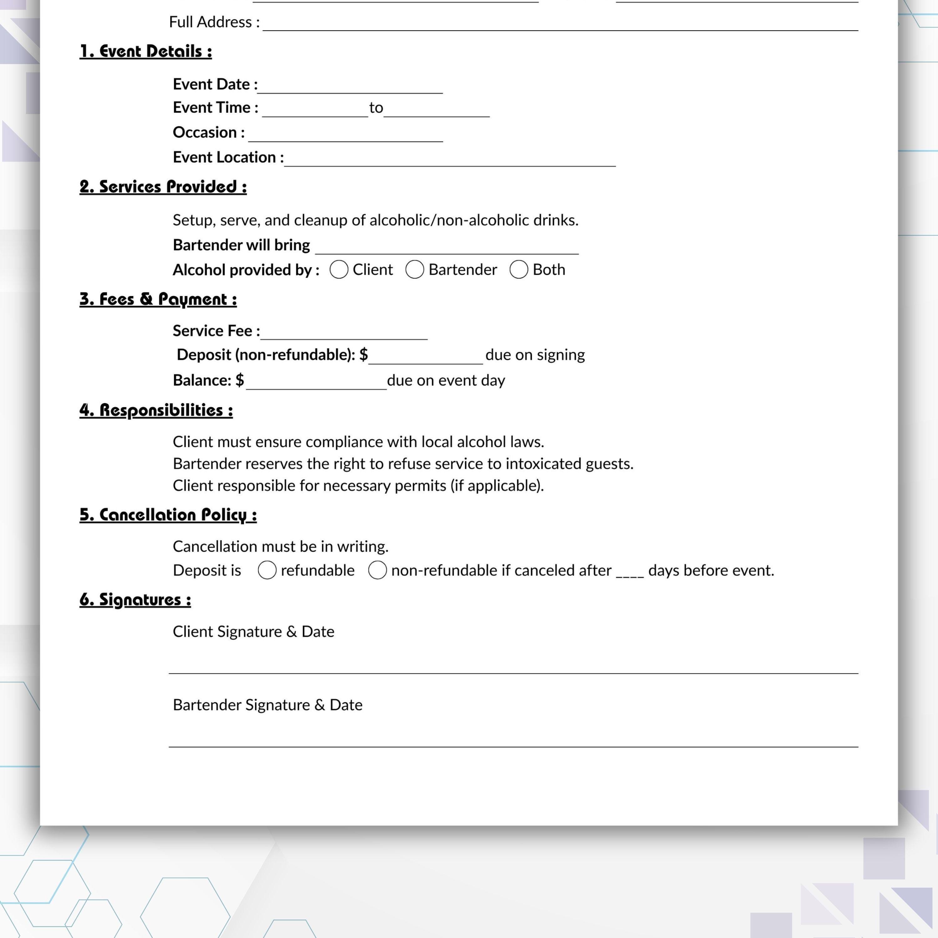 Editable Bartending Contract Template, Single Page Bartender Agreement ...