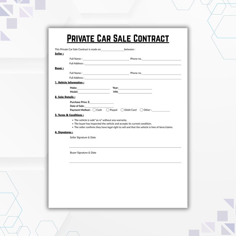 Editable Private Car Sale Contract, Simple Legal Used Car Purchase ...