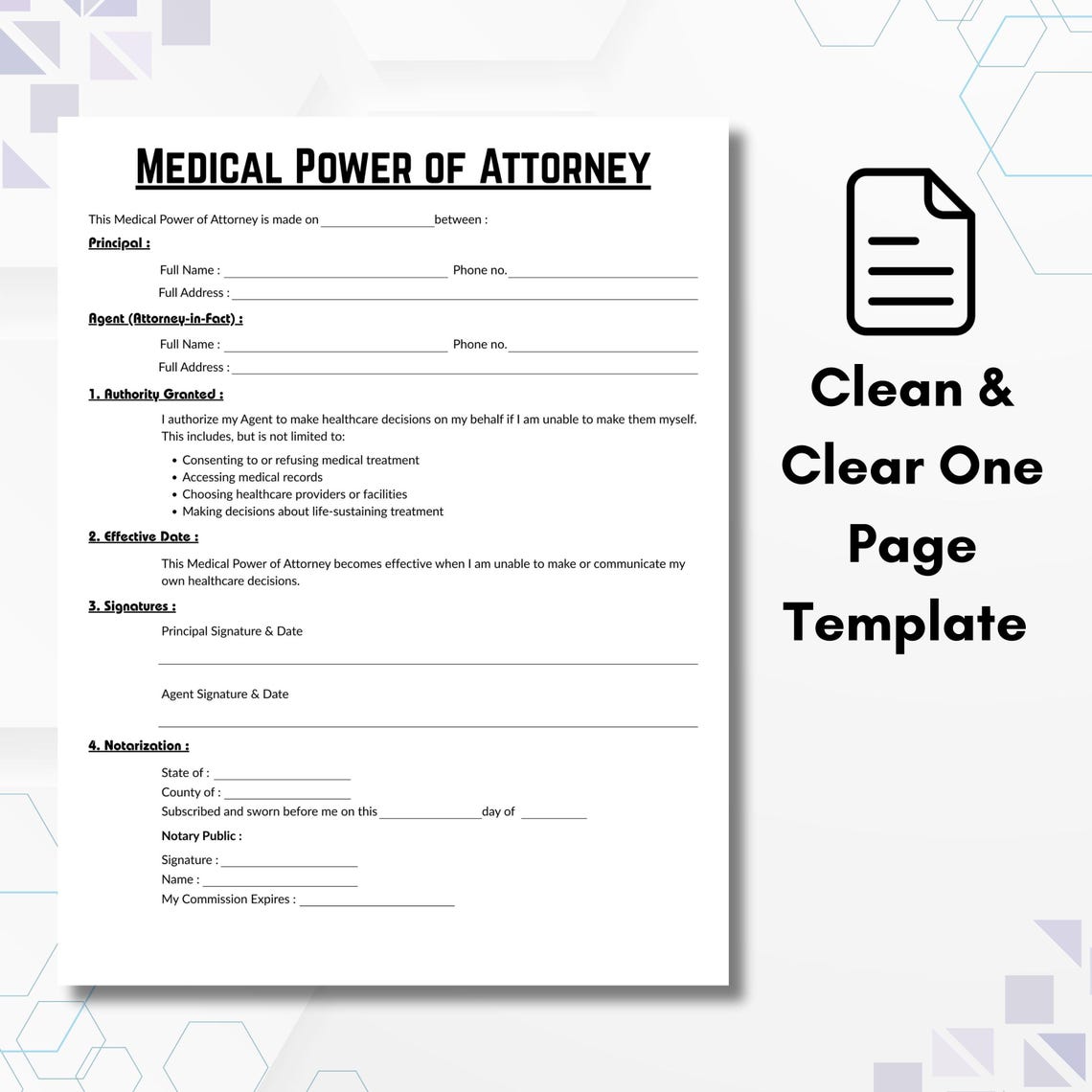 Editable Medical Power of Attorney Template, Single Page Healthcare ...