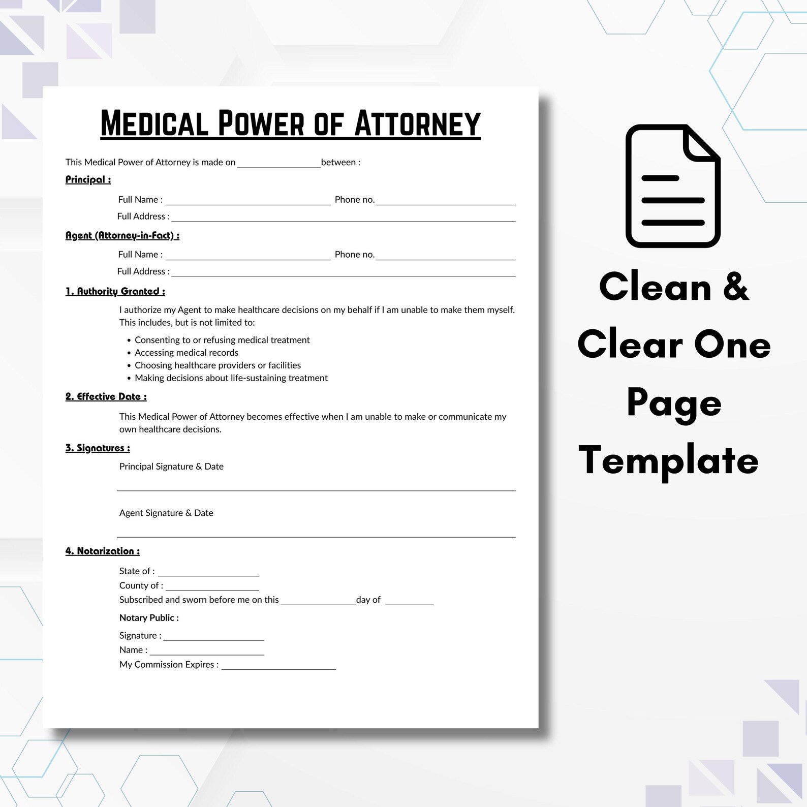 Editable Medical Power of Attorney Template, Single Page Healthcare ...