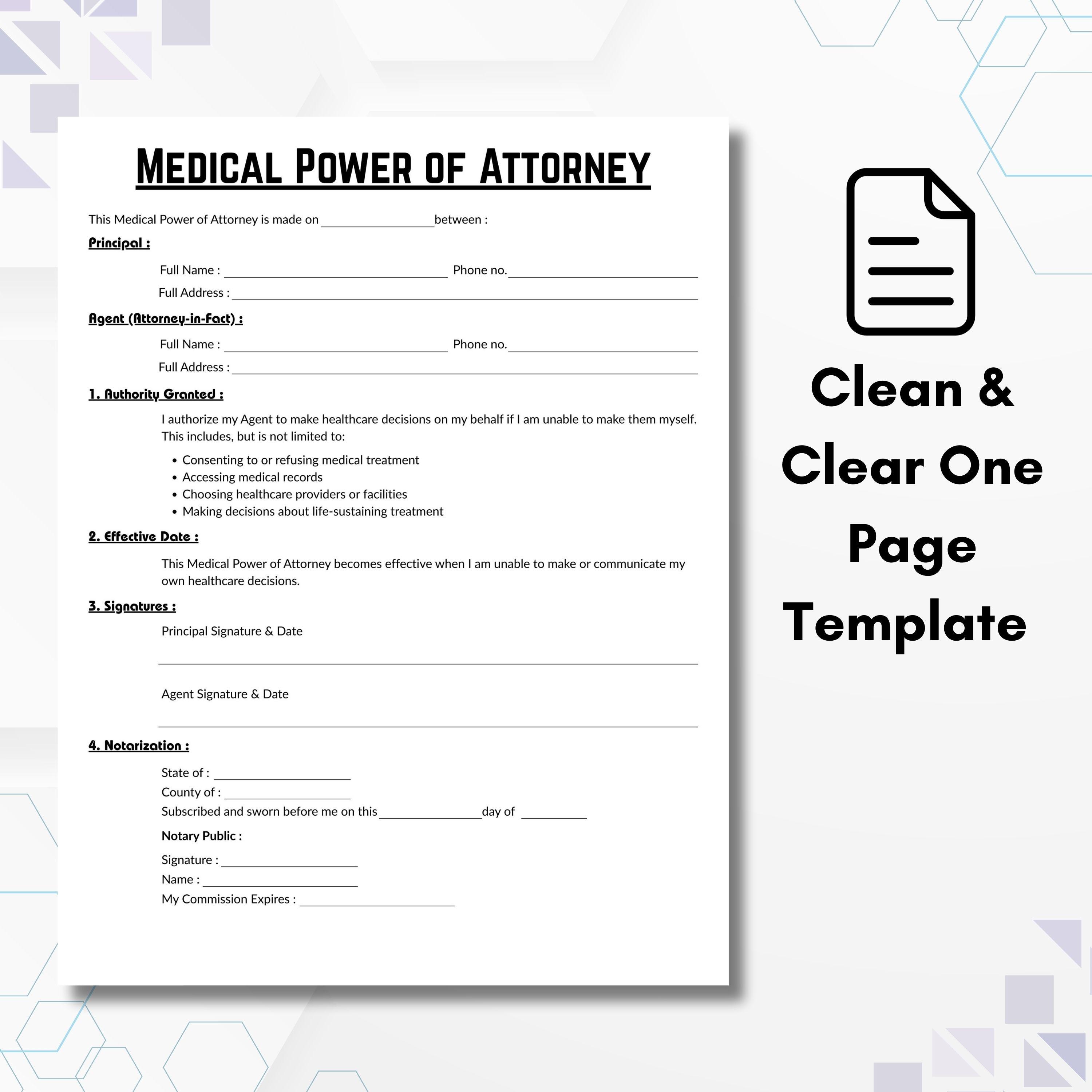 Editable Medical Power of Attorney Template, Single Page Healthcare ...