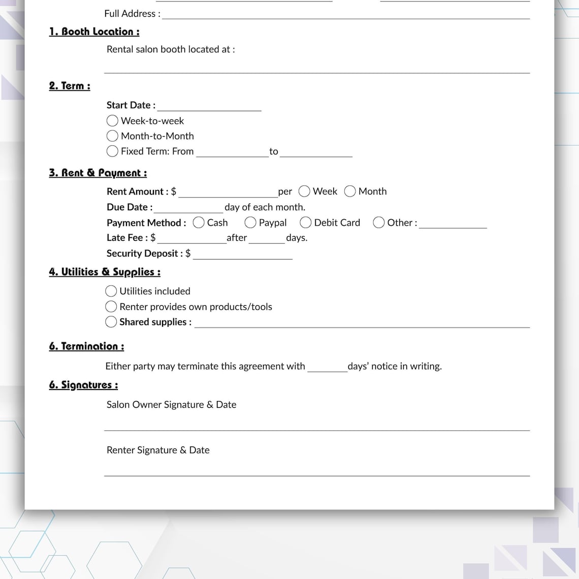 Editable Salon Booth Rental Agreement Template, Single Page Booth ...