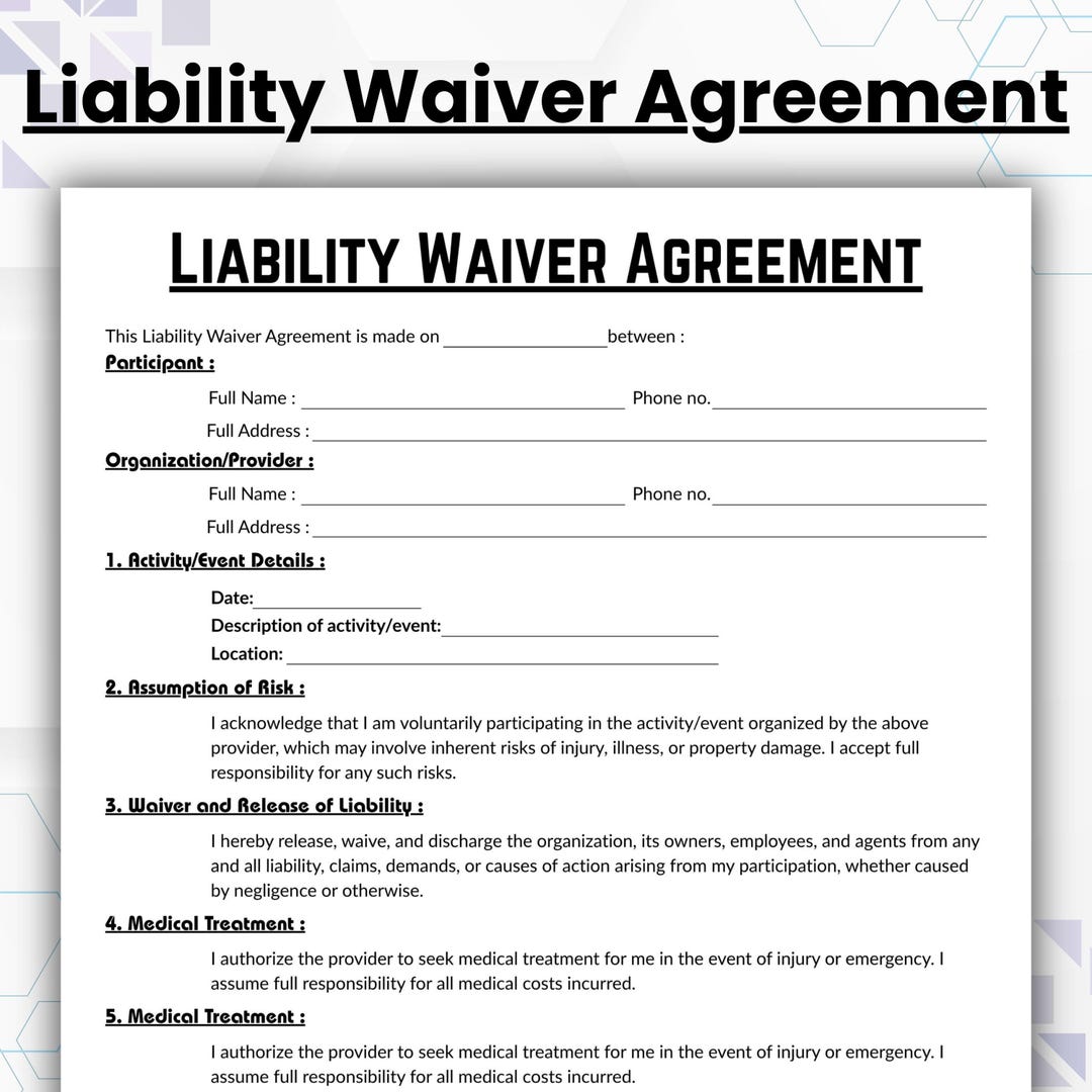 Editable Liability Waiver Agreement Template, Single Page Release of ...