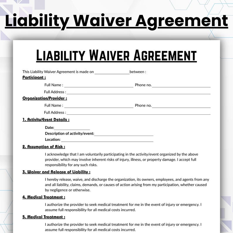 Editable Liability Waiver Agreement Template, Single Page Release of ...