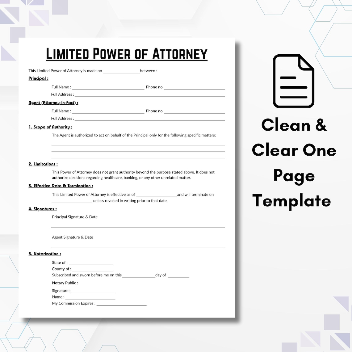 Editable Limited Power of Attorney Template, Single Page Standard POA ...