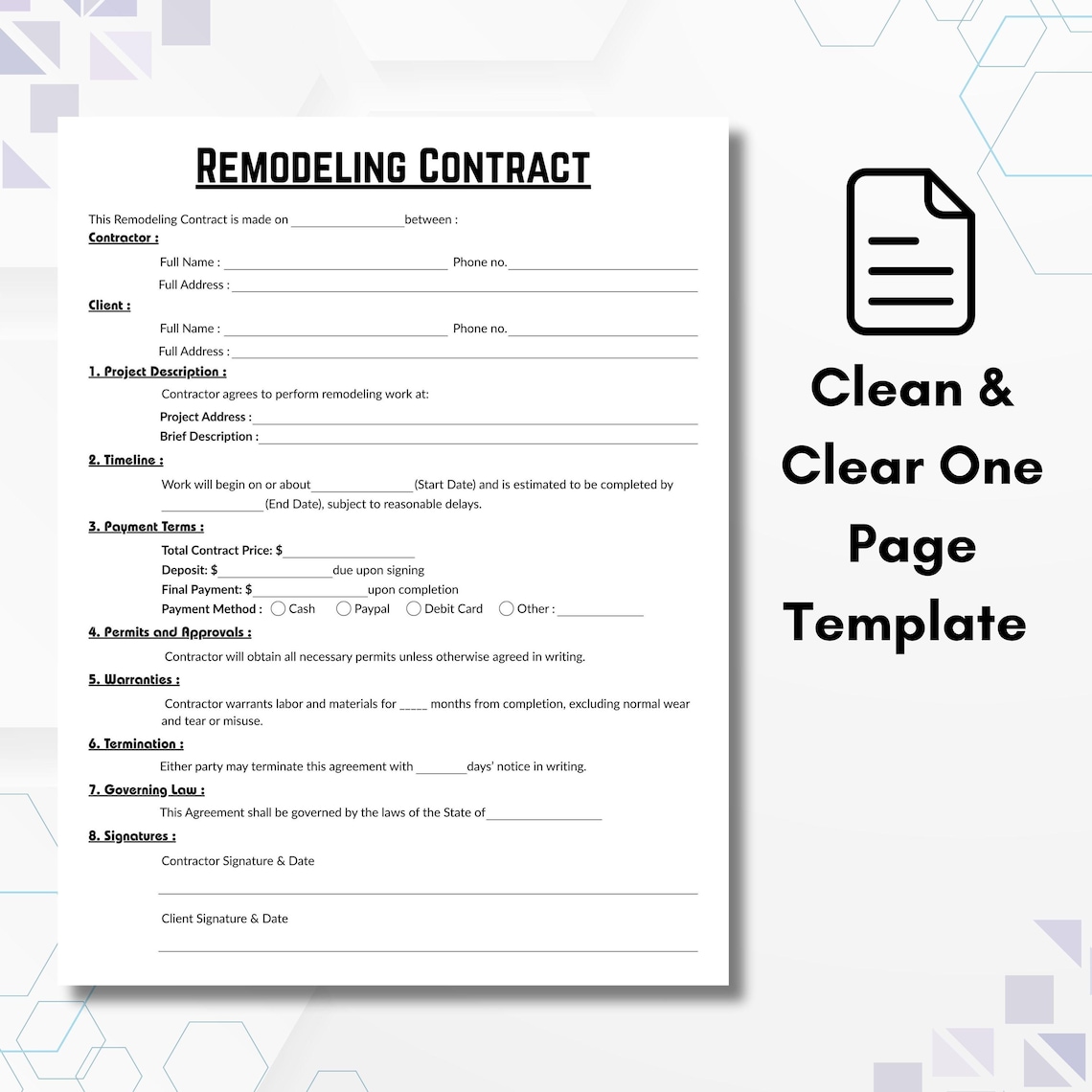 Editable Remodeling Contract Template, Single Page Home Renovation ...