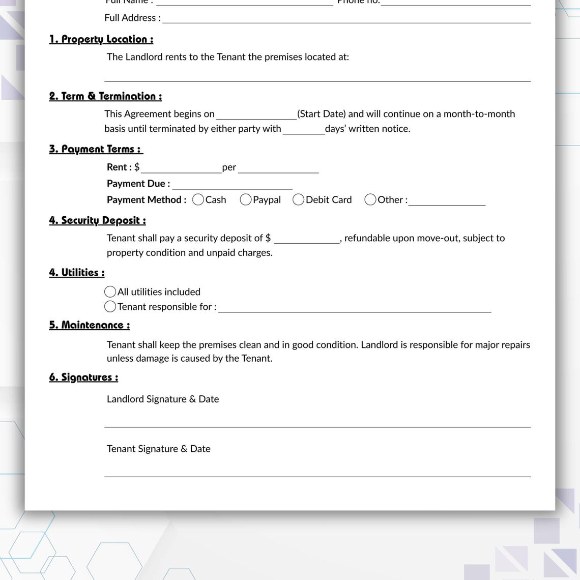Editable Month to Month Rental Agreement Template, Single Page Tenant ...