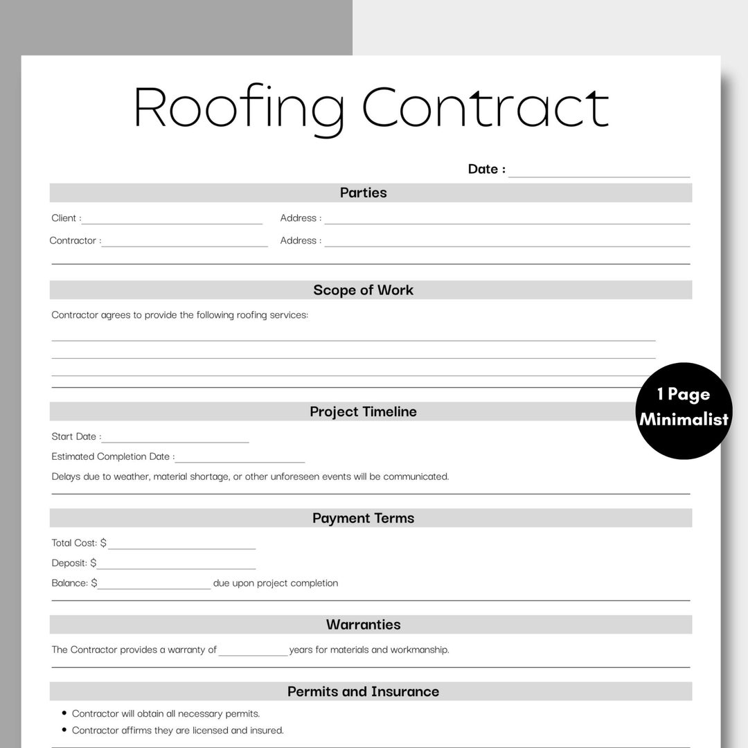 Minimalist Roofing Contract, Simple Roofer Contract Template, Printable ...