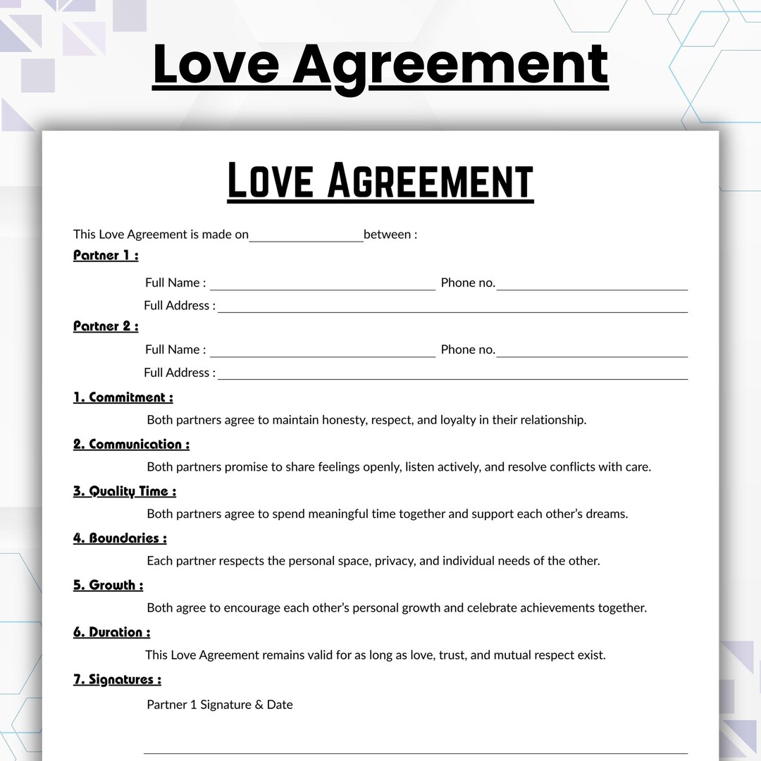 Editable Love Agreement, Simple Relationship Blueprint Template ...