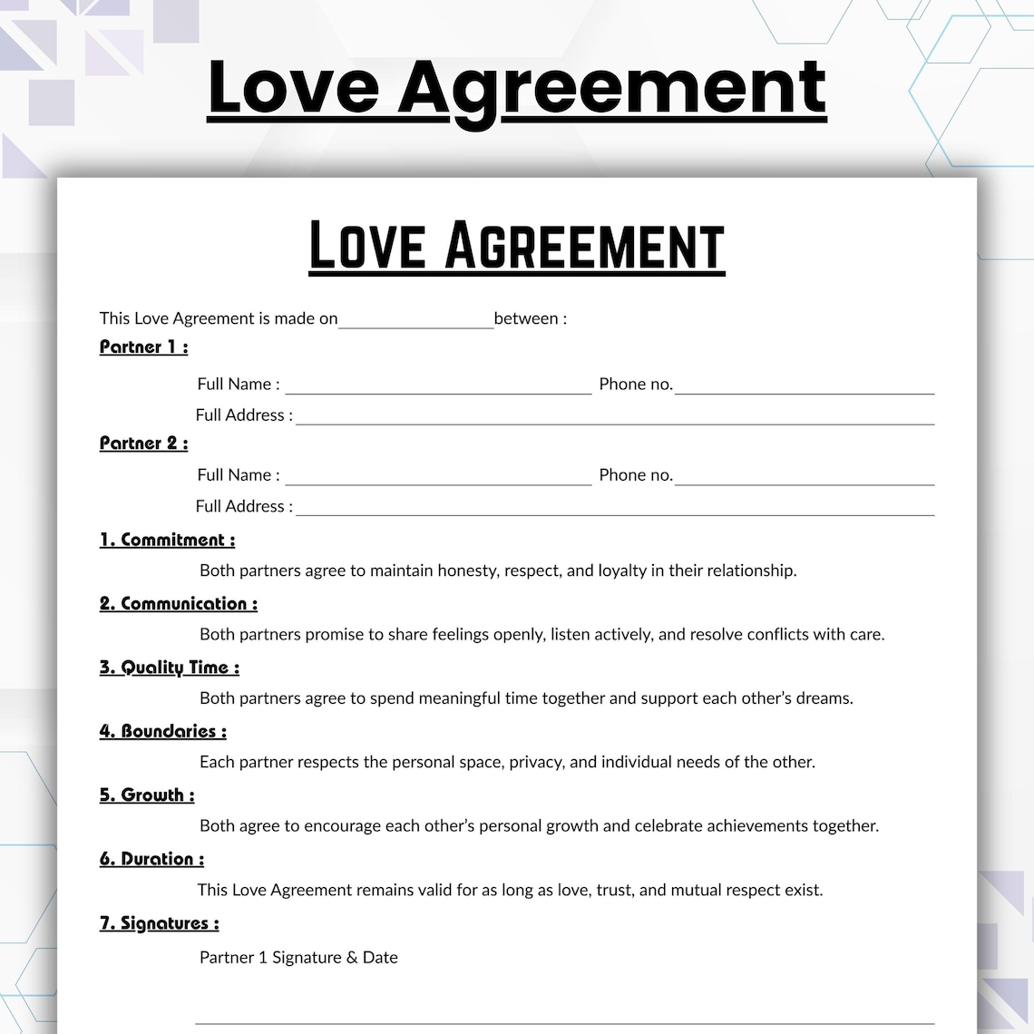 Editable Love Agreement, Simple Relationship Blueprint Template ...