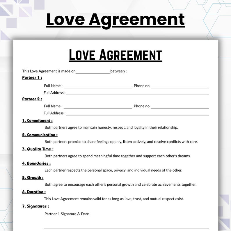 Editable Love Agreement, Simple Relationship Blueprint Template ...
