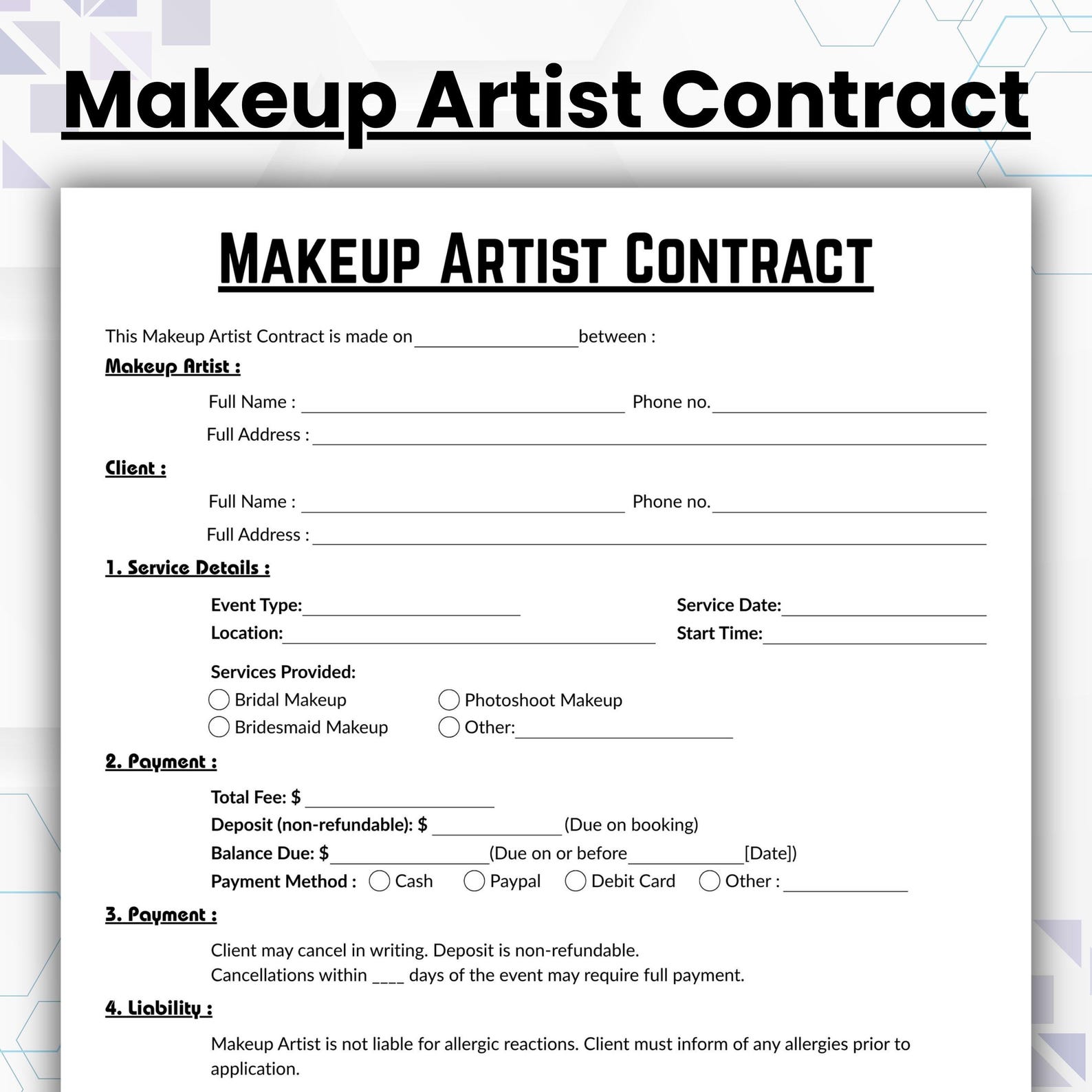 Editable Makeup Artist Contract Template, Single Makeup Agreement Form ...
