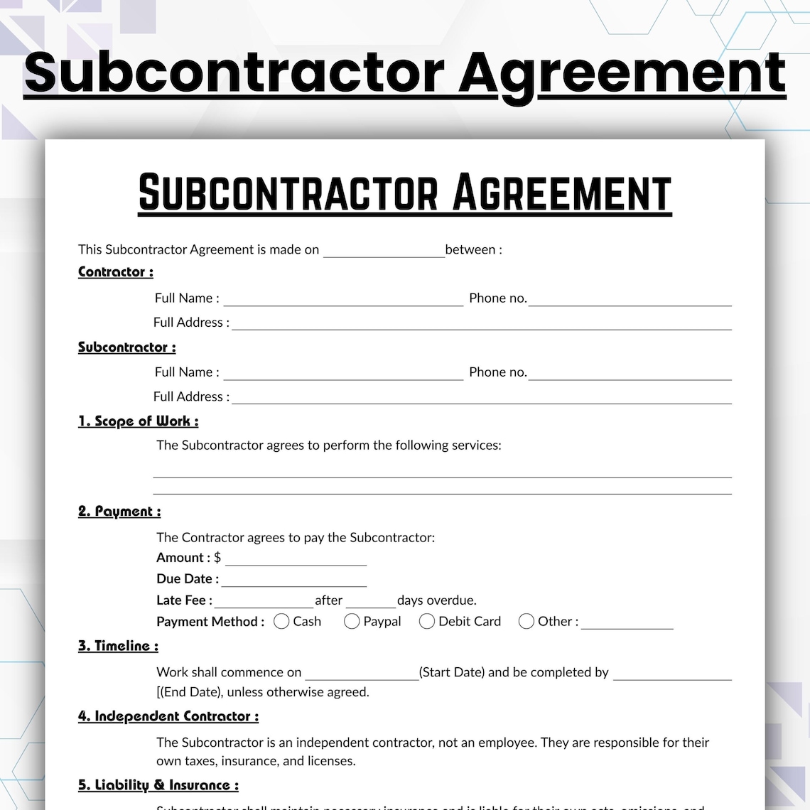 Editable Subcontractor Agreement Template, Single Page Subcontractor Contract Form, Printable ...