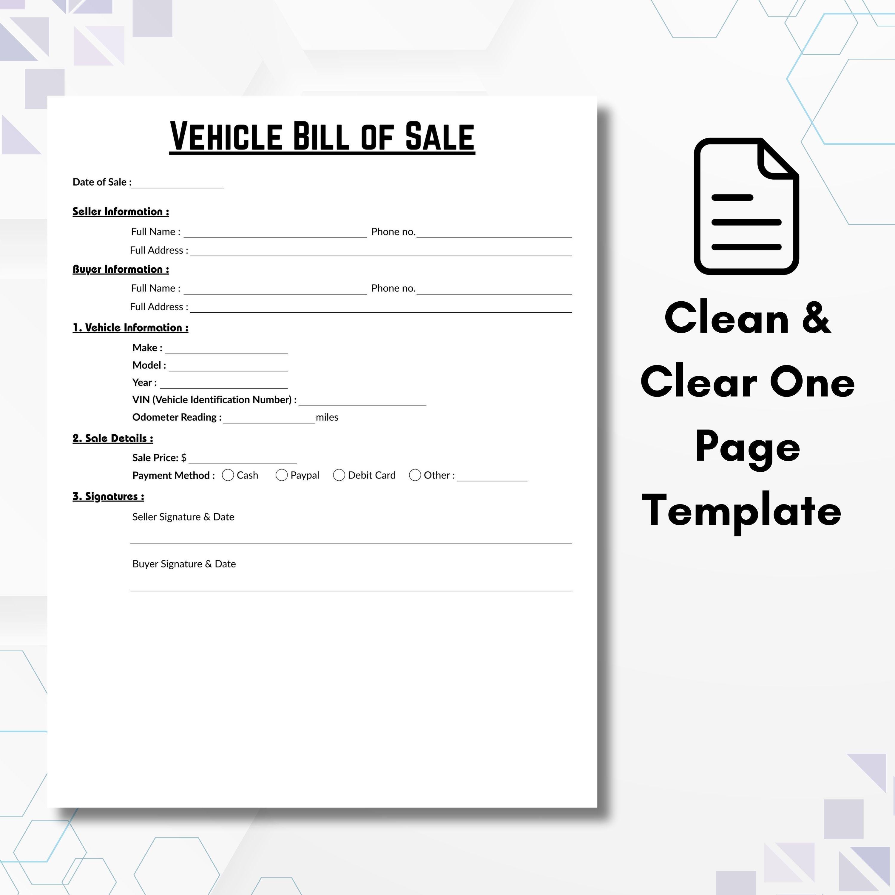 Editable Vehicle Bill of Sale Template, Single Page Motor Vehicle Sale ...