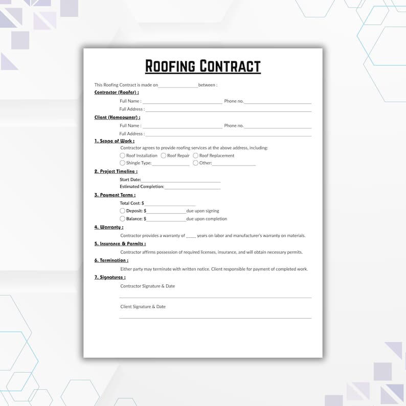 Editable Roofing Contract Template, Single Page Contractor Service ...