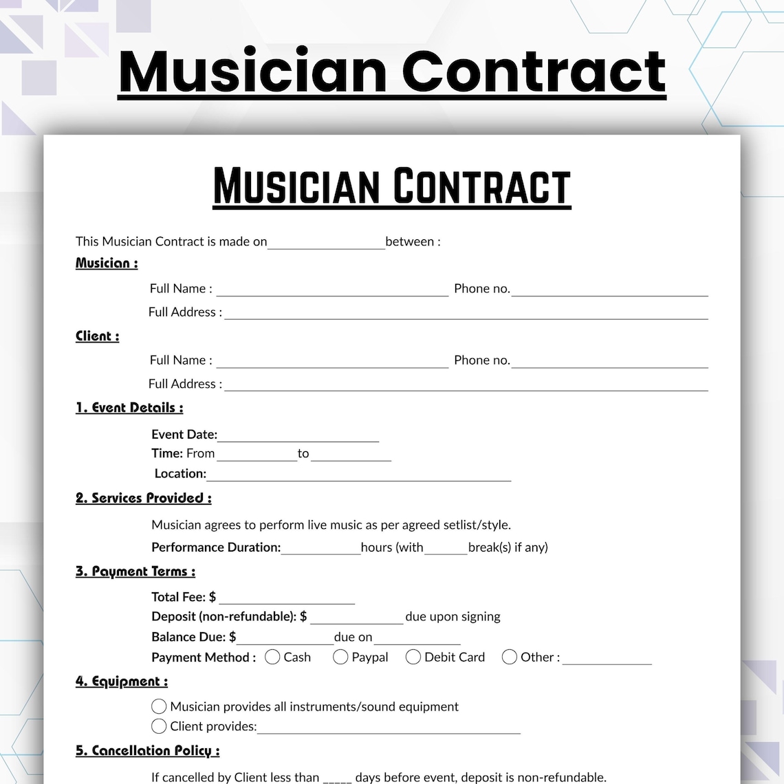 Editable Musician Contract Template, Single Page Musician Collaboration ...