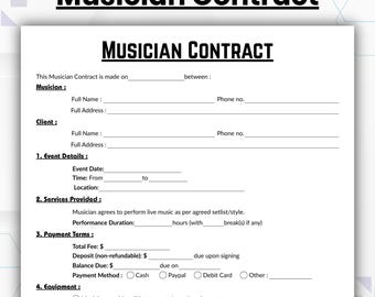 One Page Musician Contract, Editable Musician Collaboration Form ...