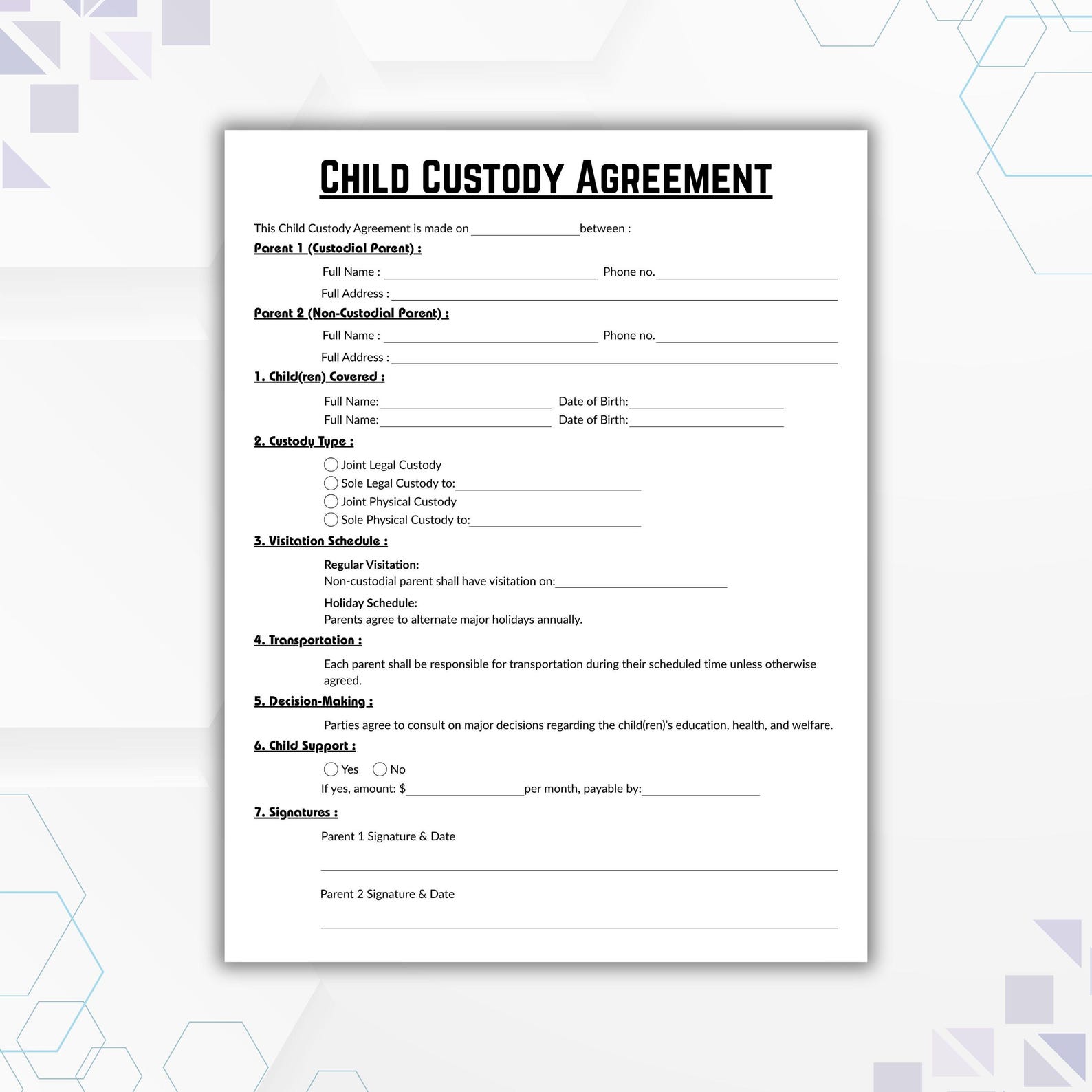 Editable Child Custody Agreement, Simple 50/50 Joint Custody Agreement ...