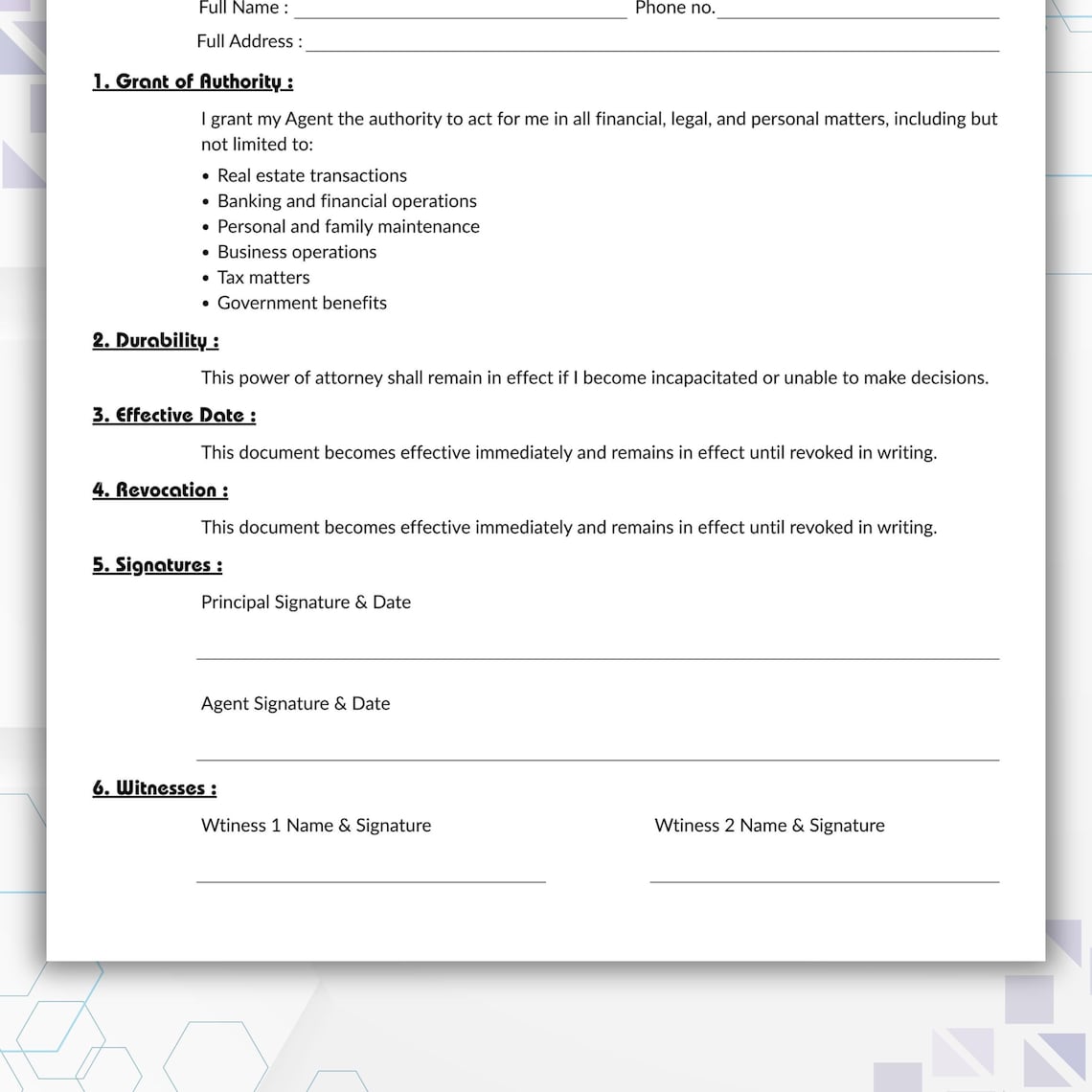 Editable Durable Power of Attorney Template, Single Page Durable ...