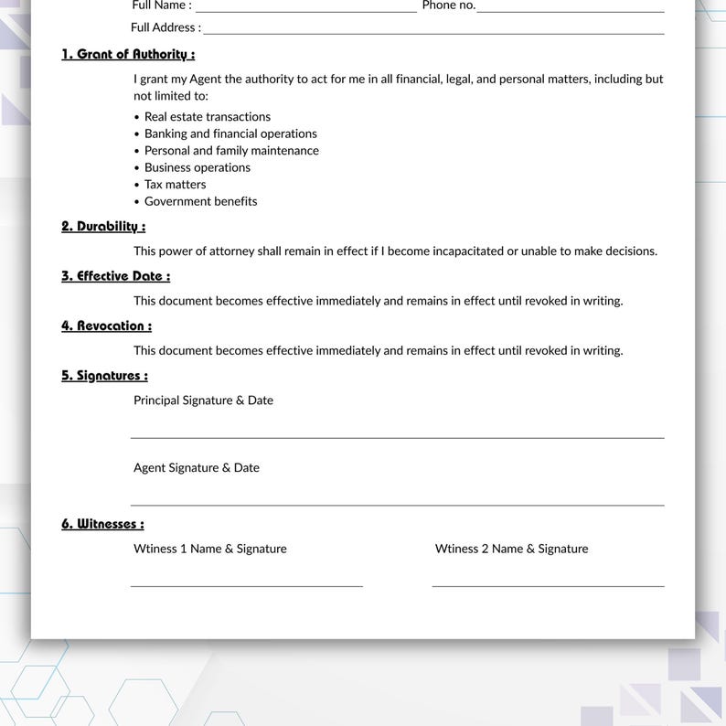 Editable Durable Power of Attorney Template, Single Page Durable ...