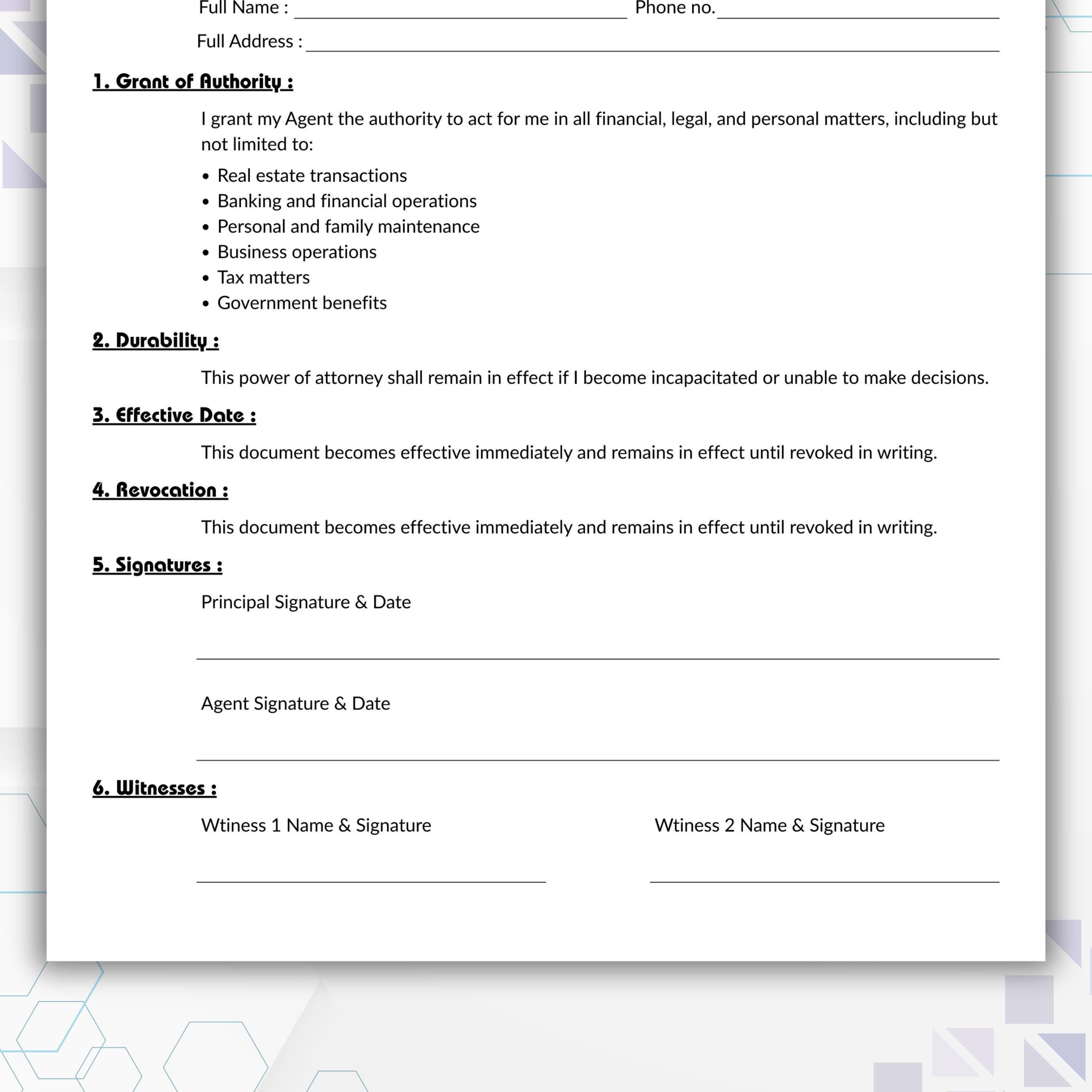 Editable Durable Power of Attorney Template, Single Page Durable ...
