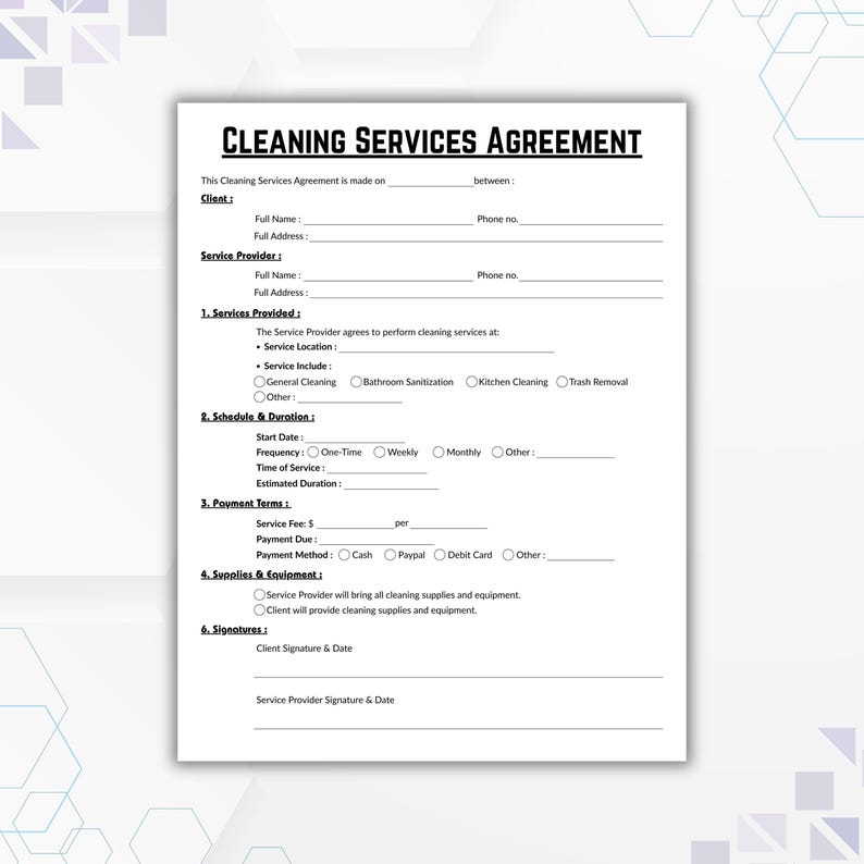 Editable Cleaning Service Agreement Template, Single Page Cleaning ...