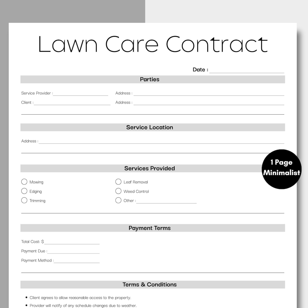 Minimalist Lawn Care Contract, Simple Landscaping Agreement, Printable ...