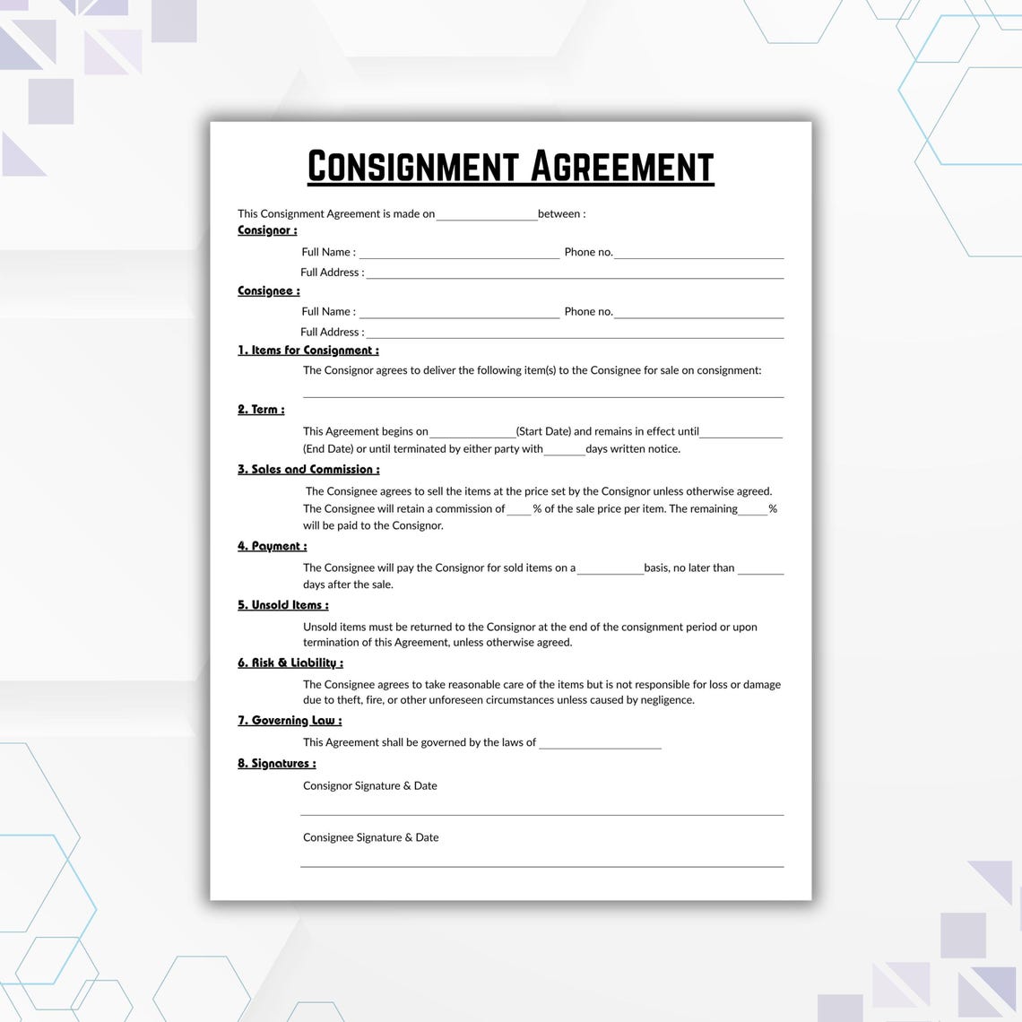 Editable Consignment Agreement Template, Single Page Consignment Contract Form, Printable ...