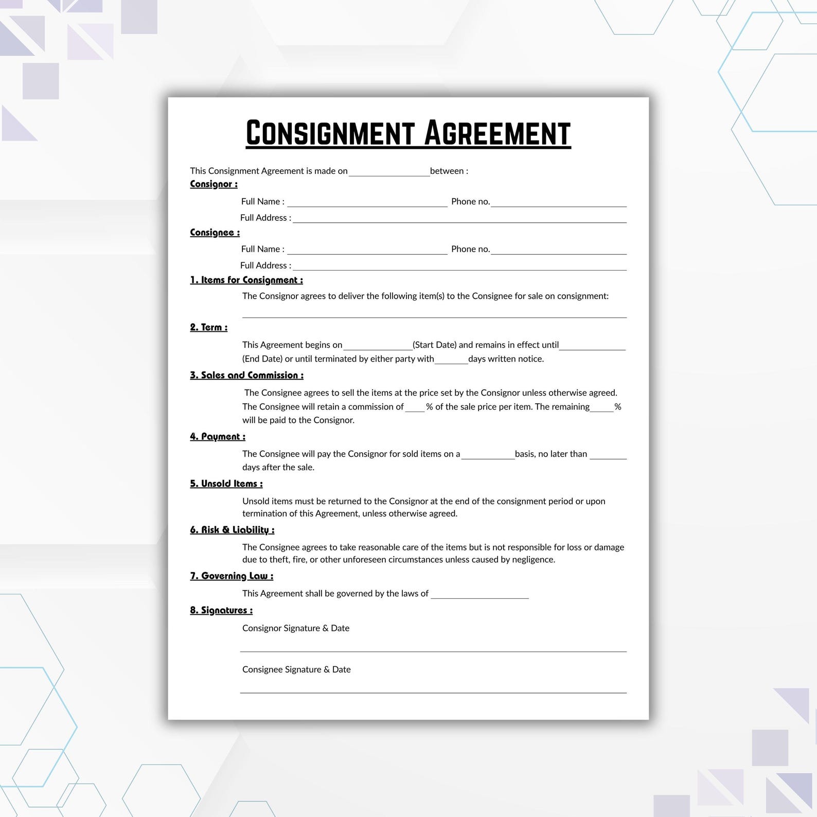 Editable Consignment Agreement Template, Single Page Consignment ...