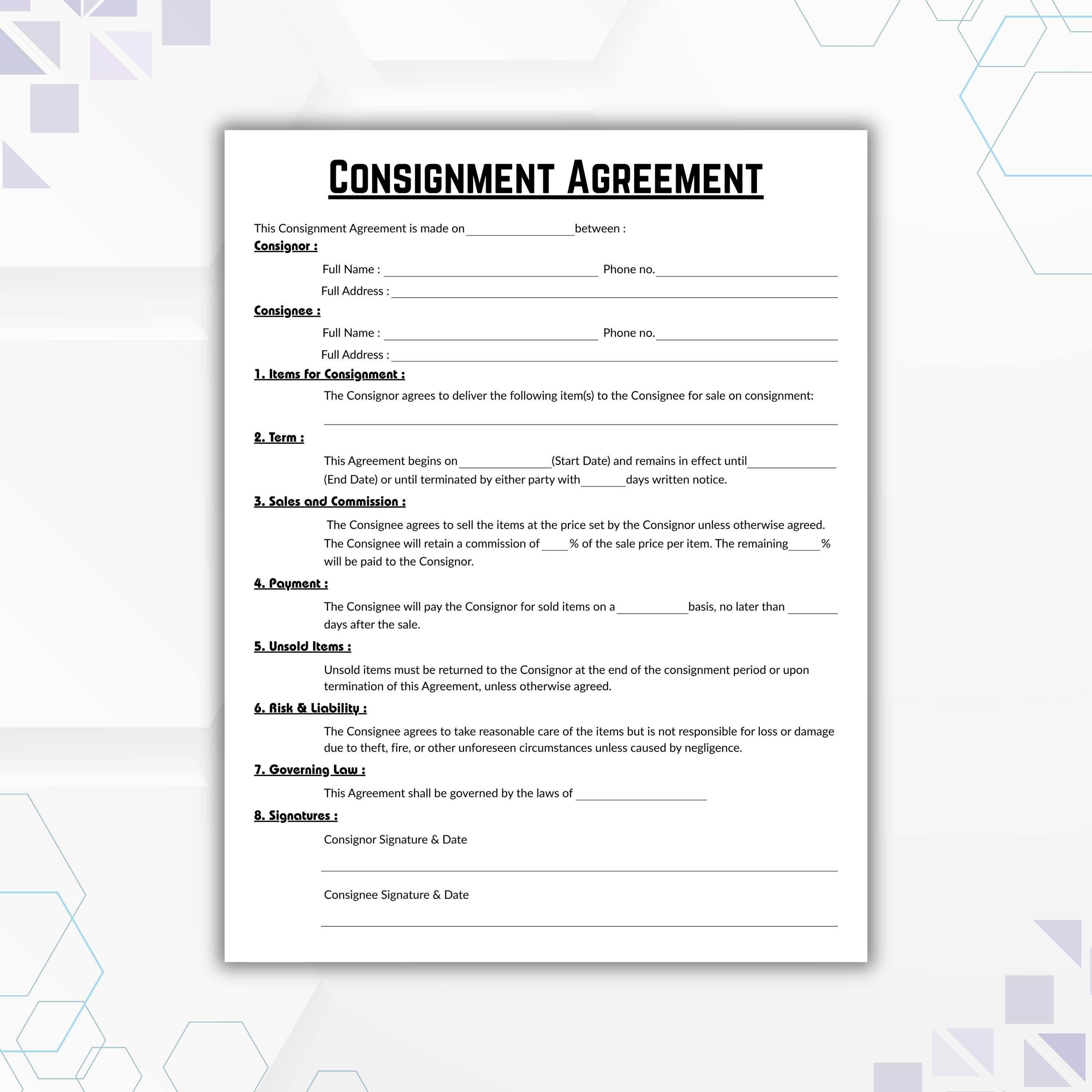 Editable Consignment Agreement Template, Single Page Consignment Contract Form, Printable ...