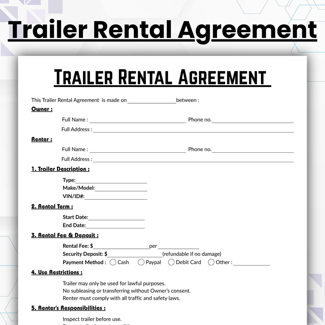 Editable Trailer Rental Agreement Template, Single Page Trailer Rental ...
