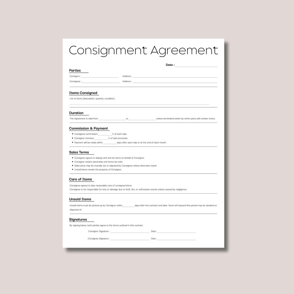 Minimalist Consignment Agreement Template, Simple Editable Consignment ...