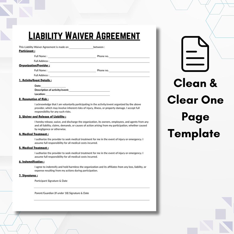 Editable Liability Waiver Agreement Template, Single Page Release of ...