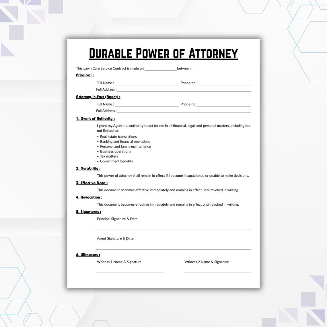 Editable Durable Power of Attorney Template, Single Page Durable ...