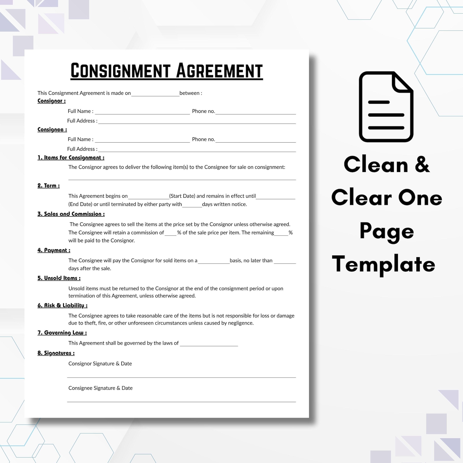Editable Consignment Agreement Template, Single Page Consignment ...