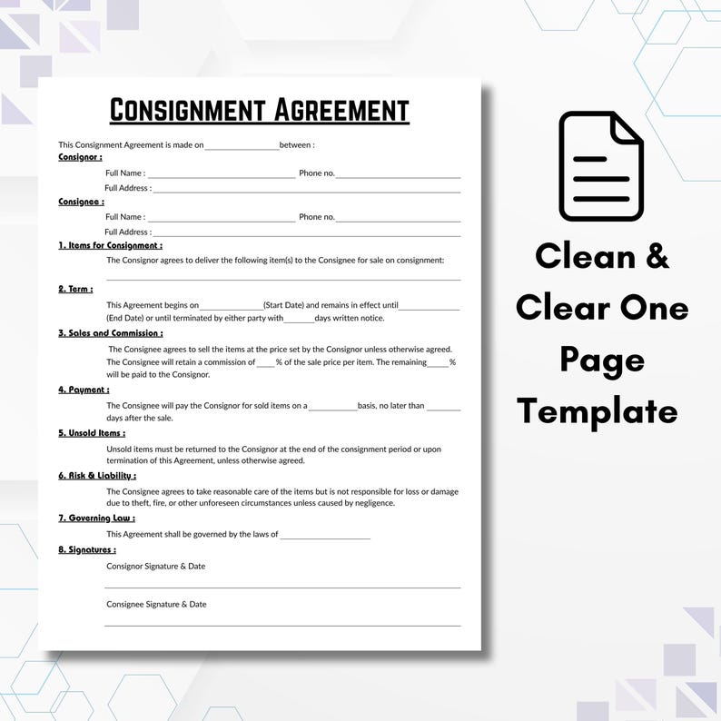 Editable Consignment Agreement Template, Single Page Consignment ...