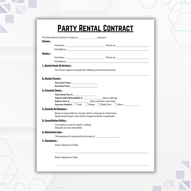 Editable Party Rental Contract, Simple Salon Party Rental Agreement ...