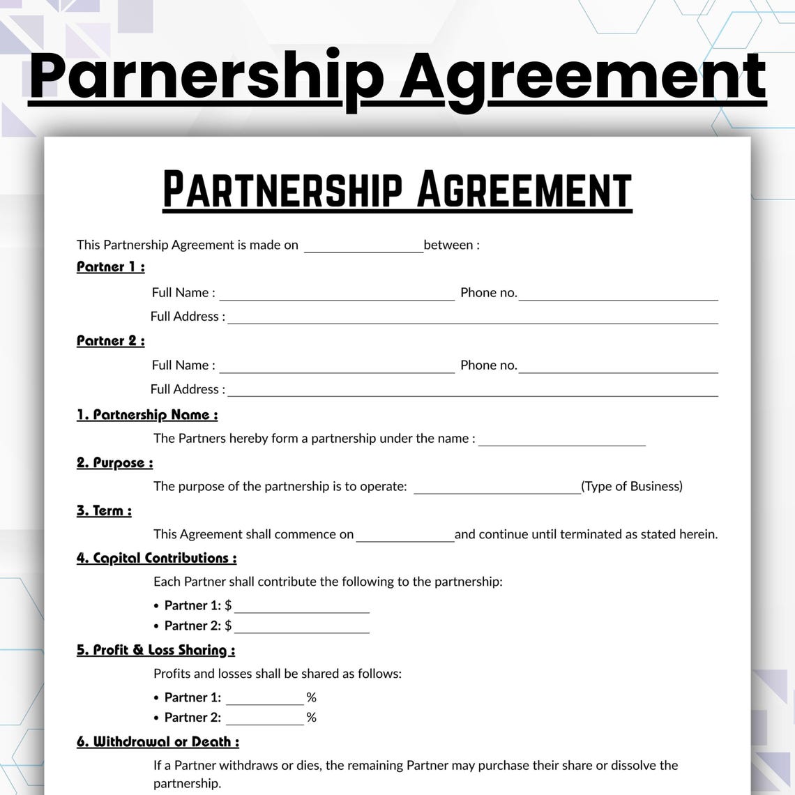 Editable Partnership Agreement Template, Single Page 50-50 Business ...