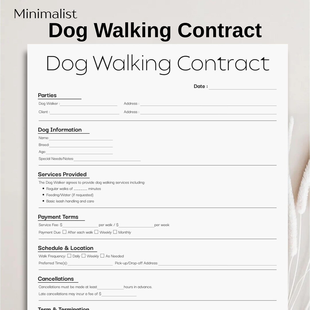 Minimalist Dog Walking Contract Template, Simple Editable Dog Walker ...
