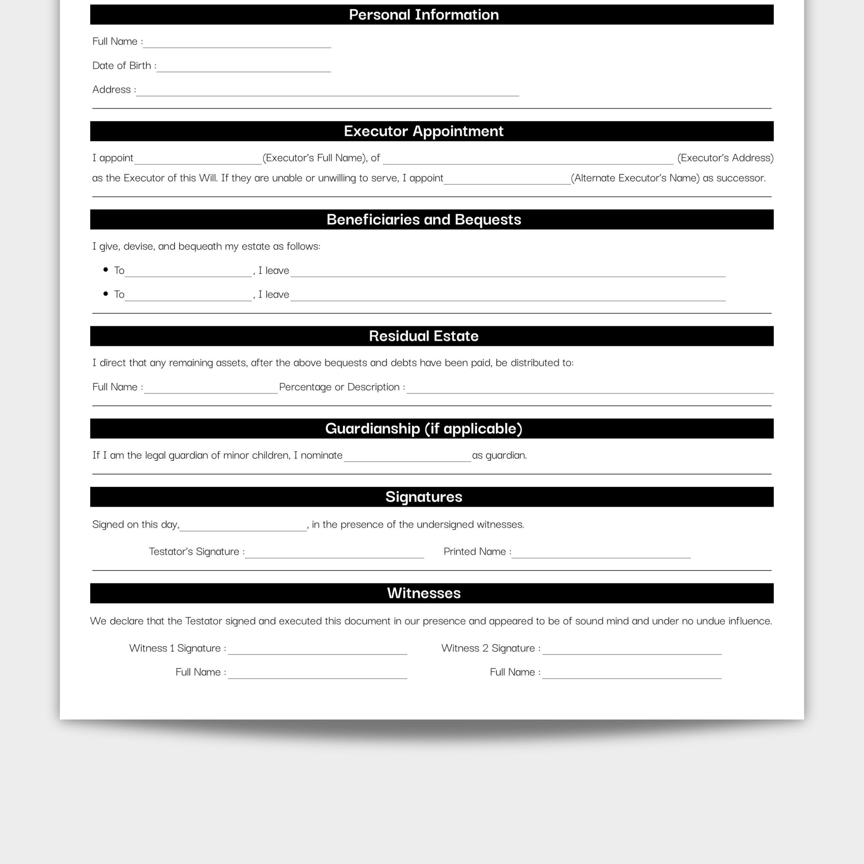 Minimalist Last Will and Testament Black, Simple Testament Form ...