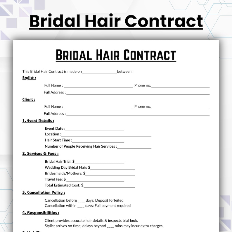 Editable Bridal Hair Contract Template, Single Page Bridal Hair Client ...