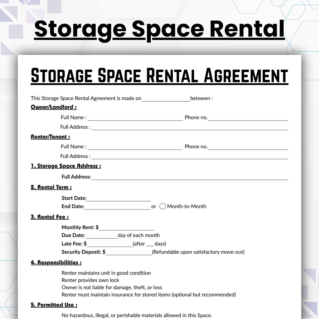 Editable Storage Space Rental Agreement, Simple Contractor Storage Form ...