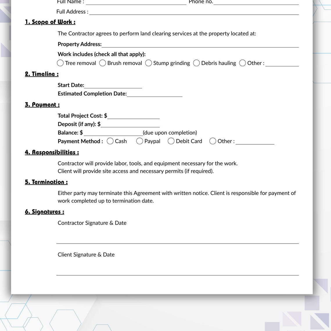 Editable Land Clearing Contract, Simple Land Management Document Form ...