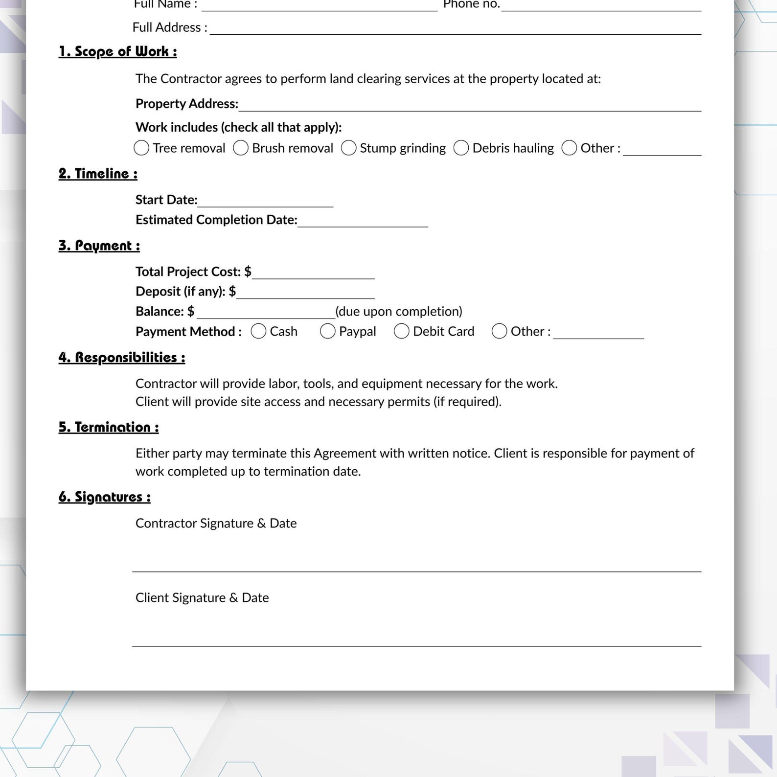 Editable Land Clearing Contract, Simple Land Management Document Form ...
