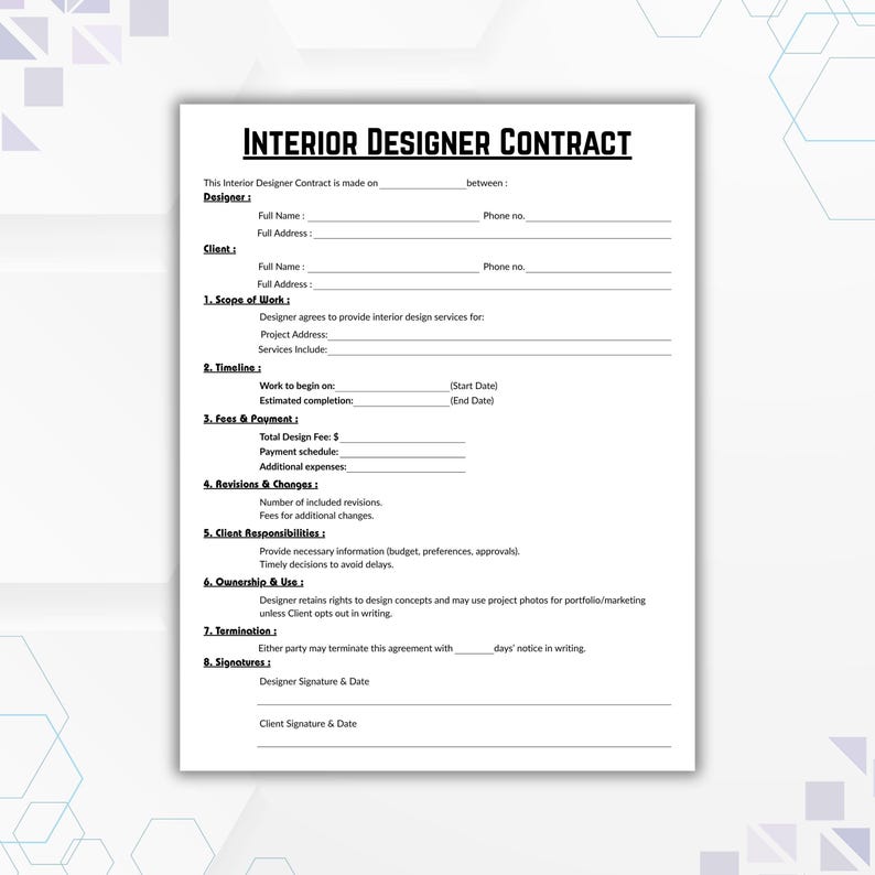Editable Interior Designer Contract Template, Single Page Interior ...