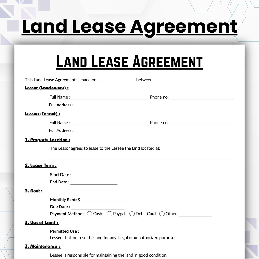 Editable Land Lease Agreement Template, Single Page Land Rental ...