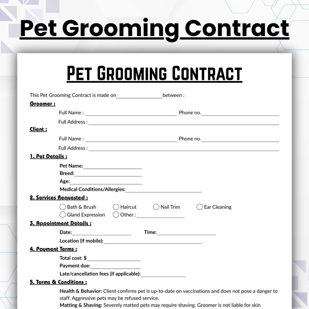 Editable Pet Grooming Contract Template, Single Page Pet Client ...